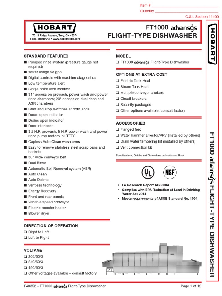Hobart ft1000 PDF | PDF | Dishwasher | Water Heating