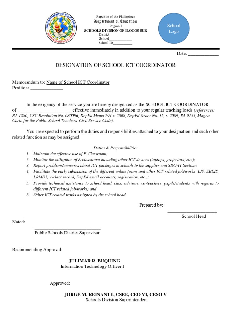 Sample Designation Ict Coordinator | PDF | Educational Technology ...