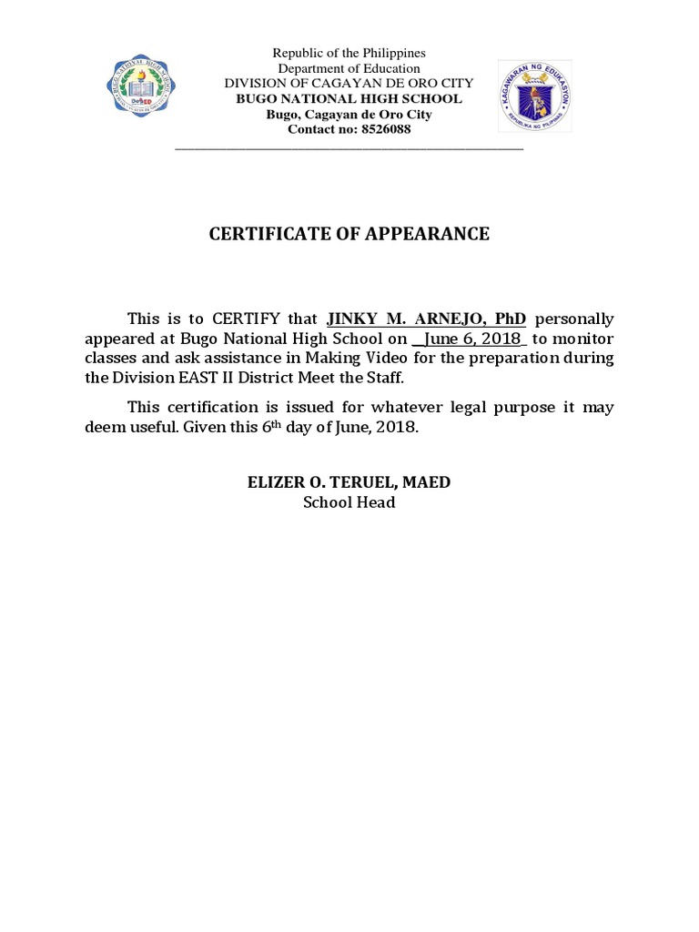 Certificate of Appearance 1