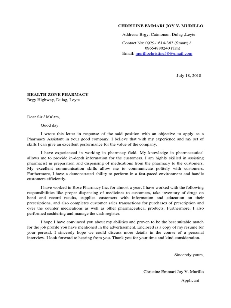 Application for Pharmacy Assistant Position | PDF | Pharmacy | Pharmacist