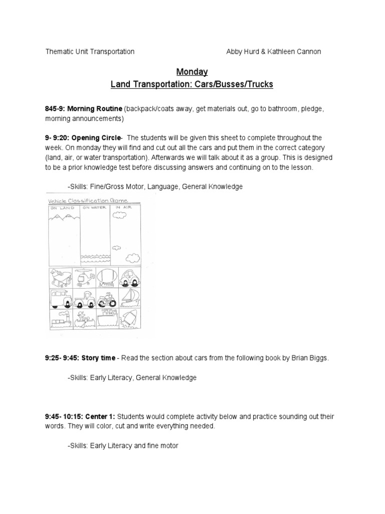 Transportation Thematic Unit Activities | PDF | Literacy