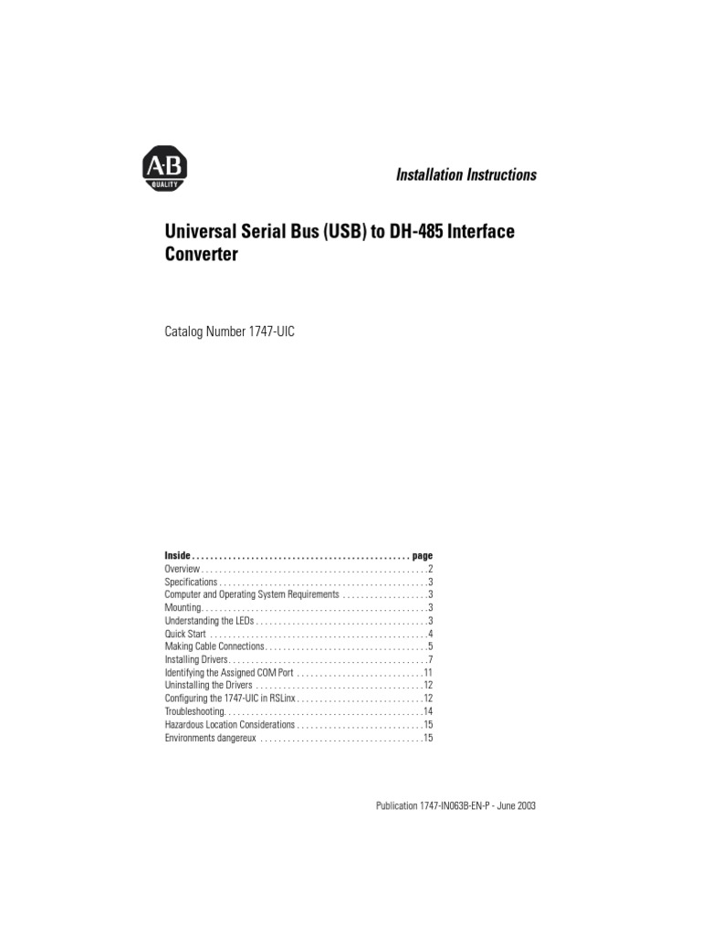 Universal Serial Bus (USB) To DH-485 Interface Converter: Installation ...