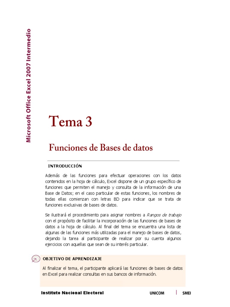 Lectura 3. Funciones de Bases de Datos | PDF | Hoja de cálculo | Bases de datos