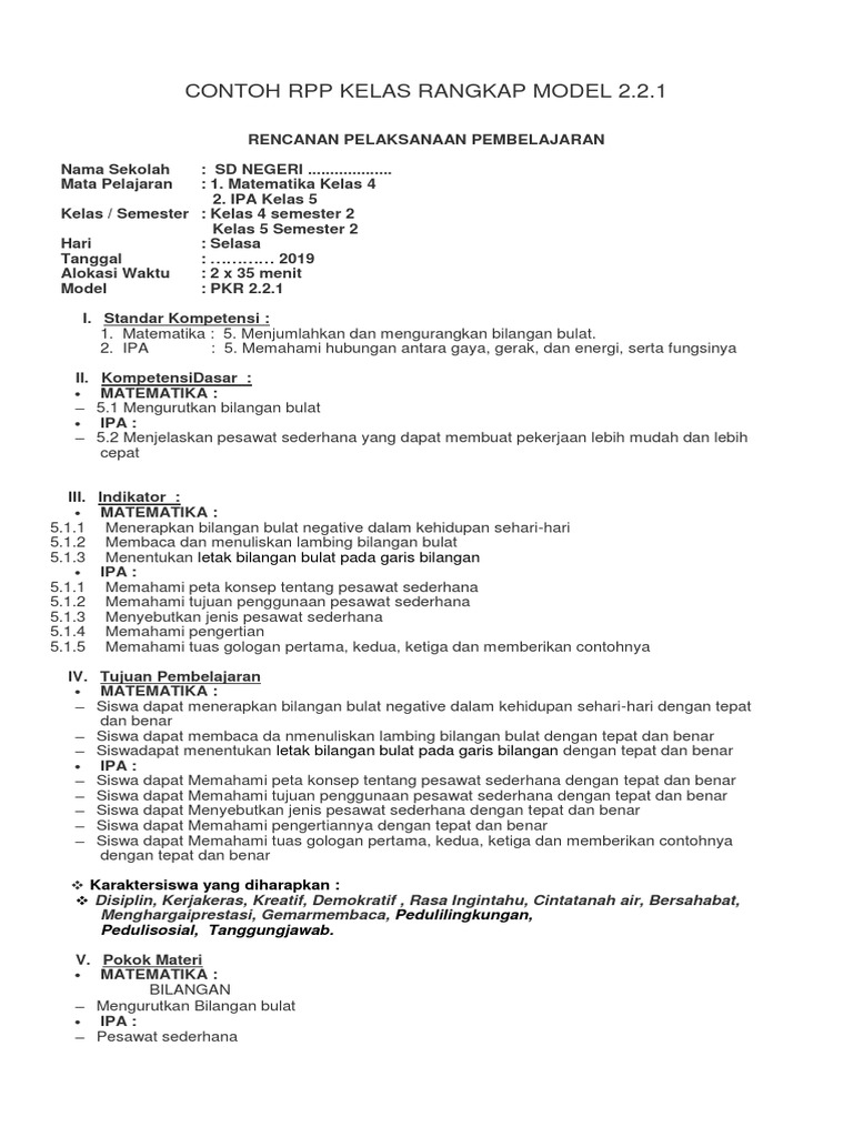 Contoh RPP Kelas Rangkap Model 2 | PDF