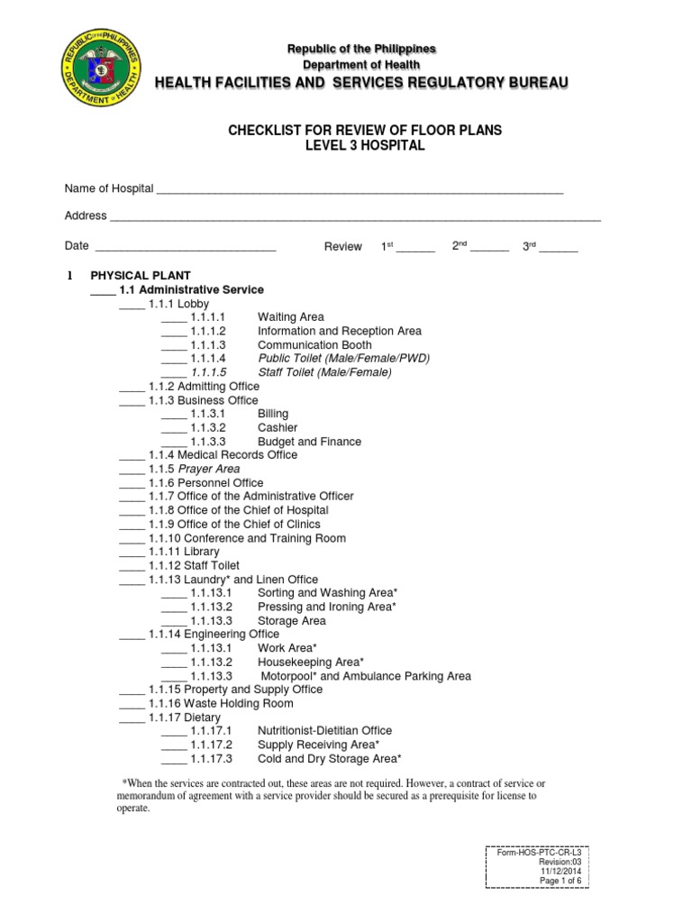 Checklist For Review of Floor Plan of Level 3 Hospital | PDF ...