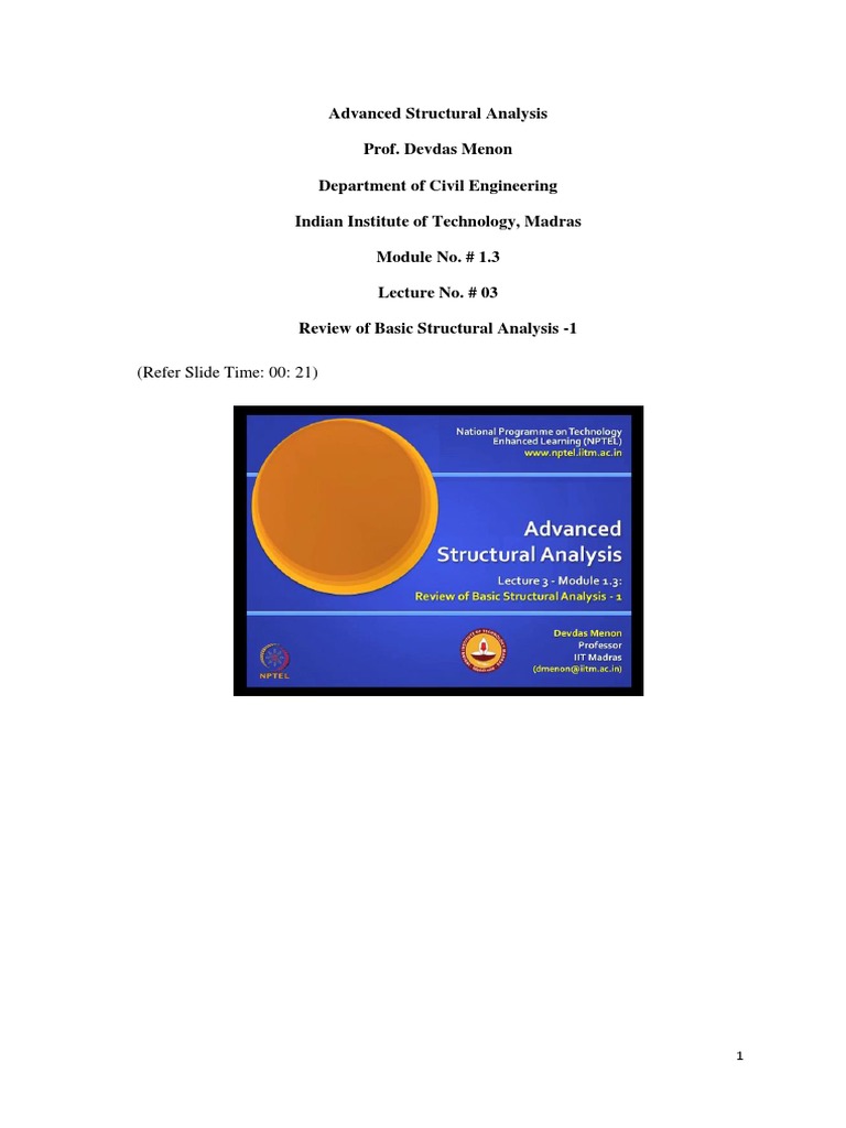 Advanced Structural Analysis Prof. Devdas Menon Department of Civil ...
