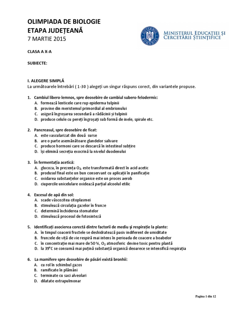 2015 - Biologie - Judeteana - Clasa A X-A - Subiecte+Barem PDF | PDF