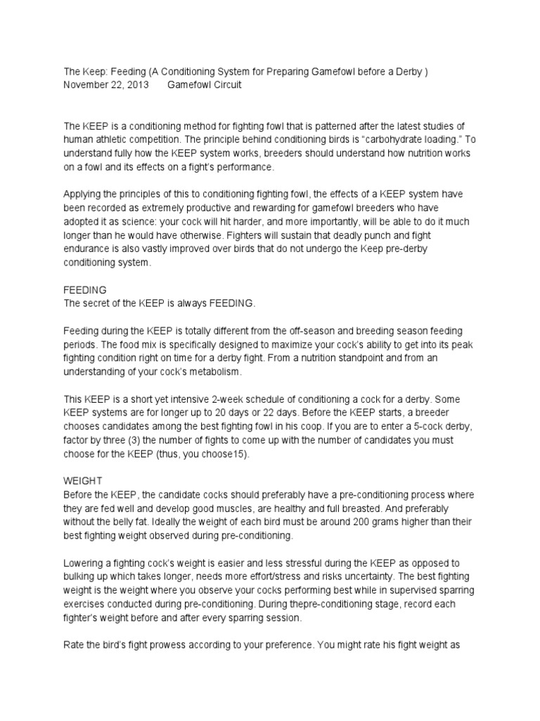 The Keep - Feeding (A Conditioning System For Preparing Gamefowl Before ...