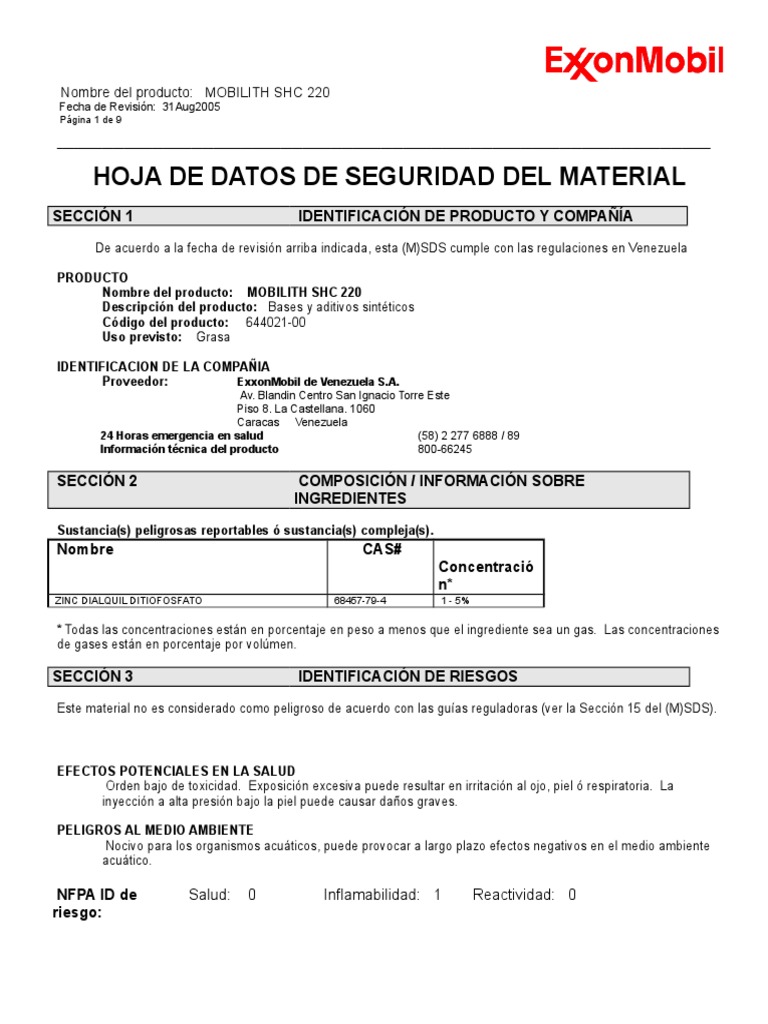 Mobilith SHC 220 | PDF | Guante | Agua