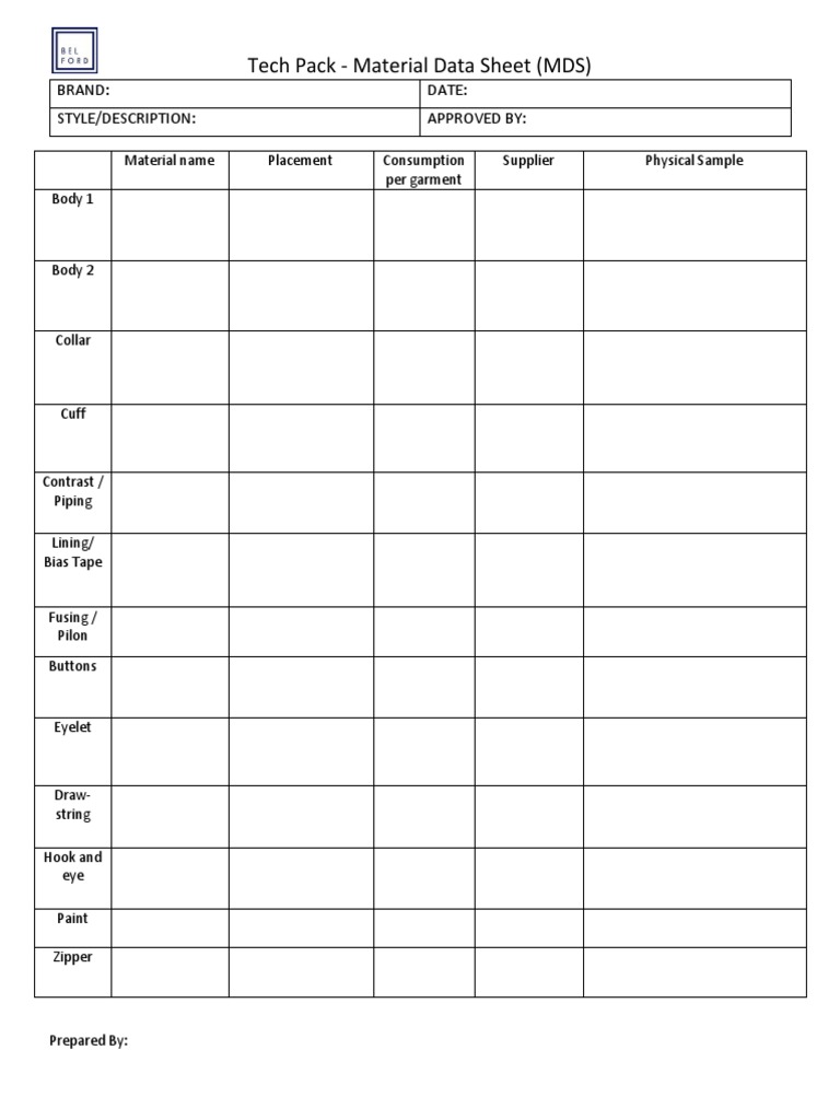 Tech Pack - Material Data Sheet (MDS) : Brand: Date: Style/Description ...
