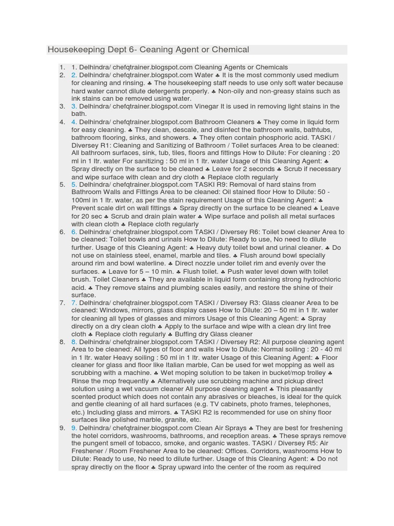 Housekeeping Chemicals Guide | PDF | Housekeeping | Bathroom