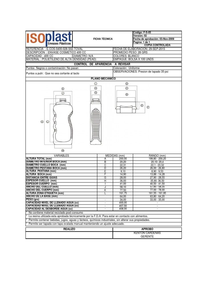 Ficha-Tecnica Envase Cosmético 400 CC Tapa Oval | PDF | Naturaleza