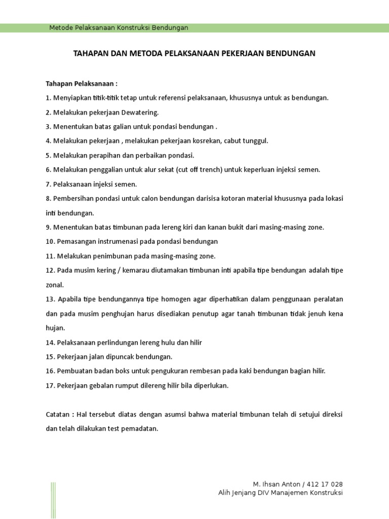 Tahapan Dan Metoda Pelaksanaan Pekerjaan Bendungan | PDF