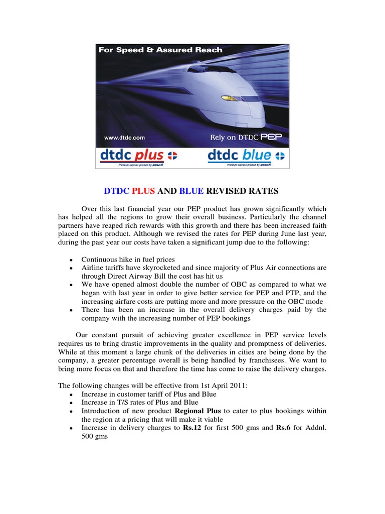 DTDC Plus & Blue Rates Update 2011 | PDF | Economies | Business