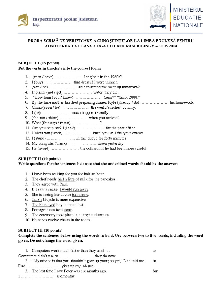 LEN - Bilingv - Subiecte Proba Scrisa 2014 | PDF