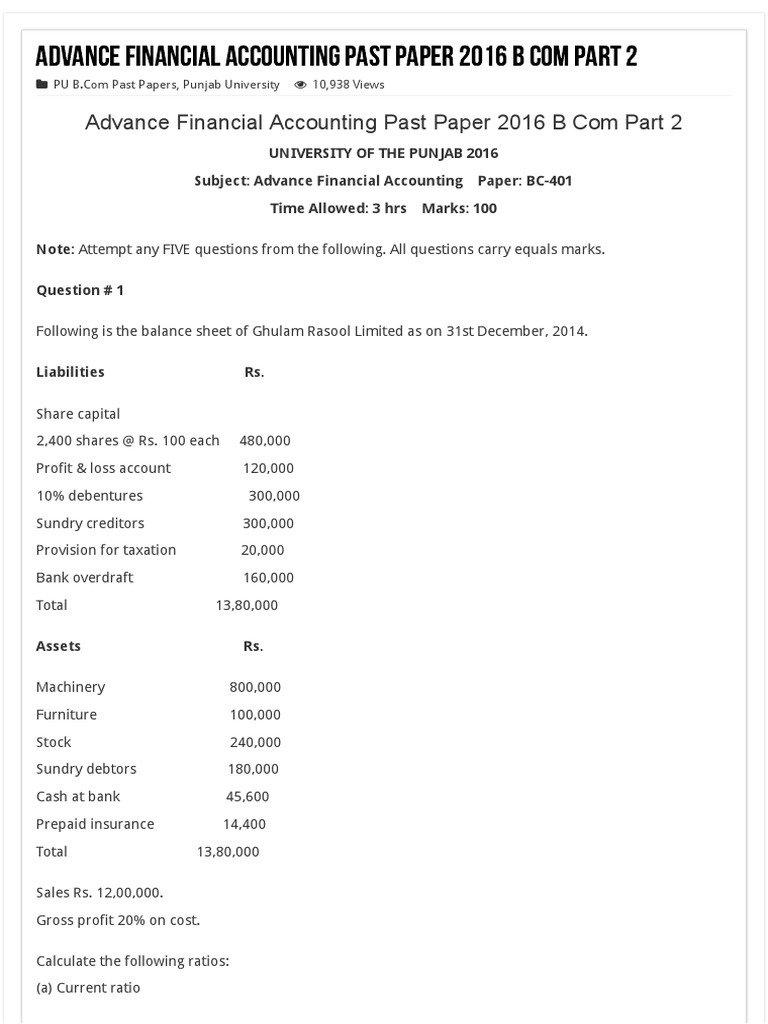 Advance Financial Accounting Past Paper 2016 B Com Part 2 | PDF ...