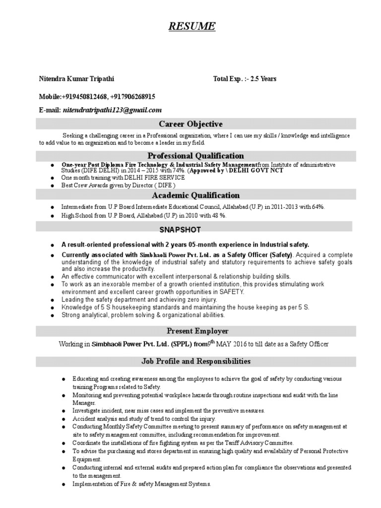 Resume: Career Objective | PDF | Personal Protective Equipment | Safety