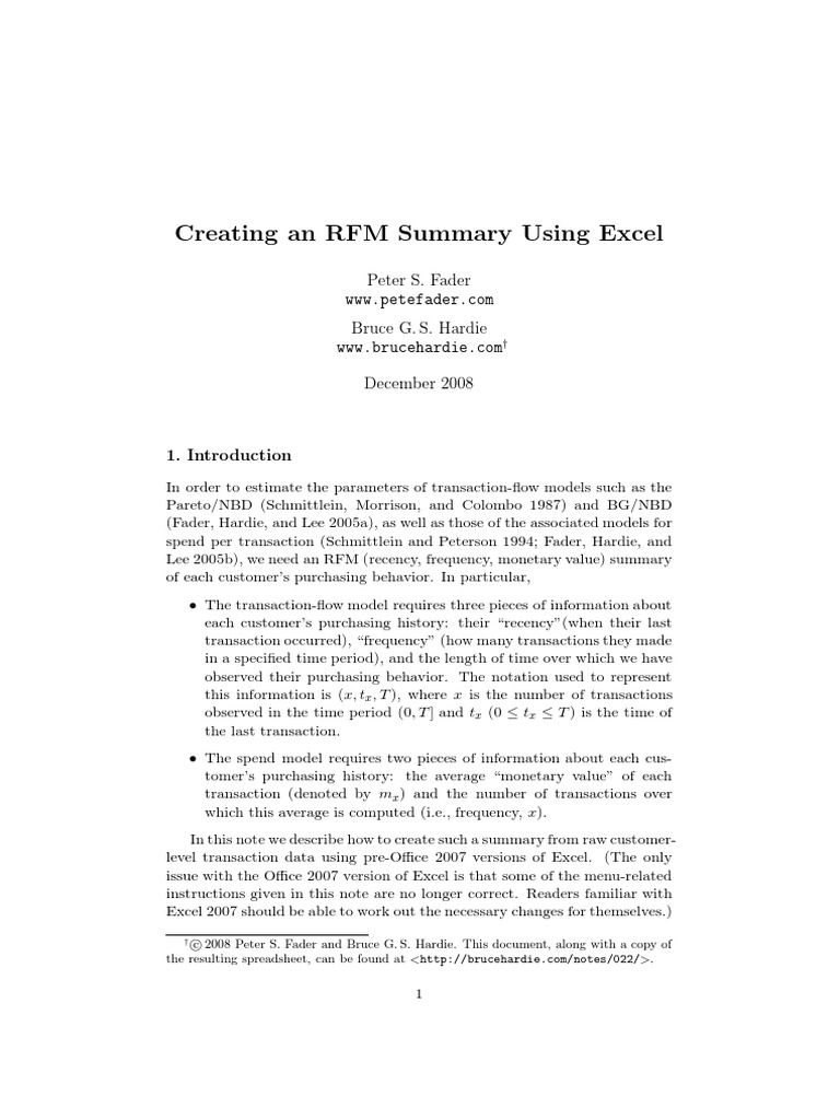 Creating An RFM Summary Using Excel: Peter S. Fader Bruce G. S. Hardie ...