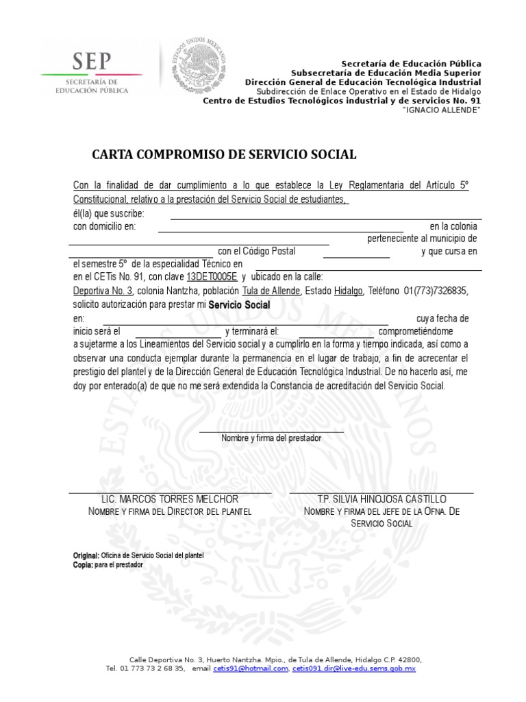 Carta Compromiso Servicio Social CETis 91 | PDF | Gobierno | Educación ...