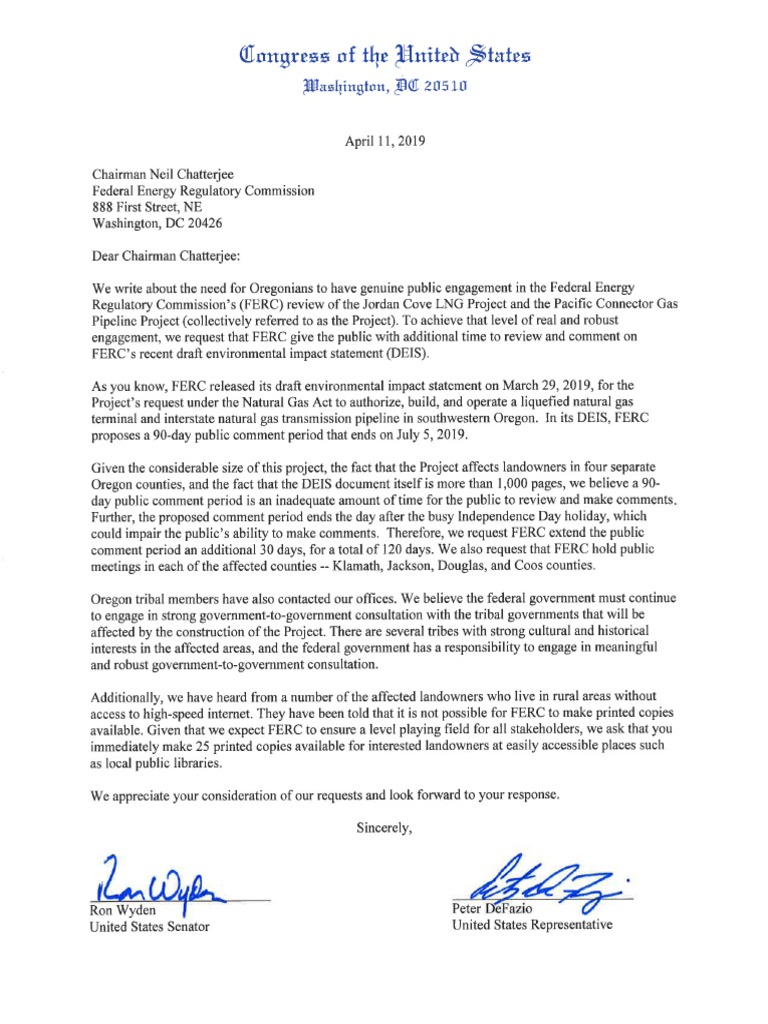Wyden-DeFazio FERC Request Letter
