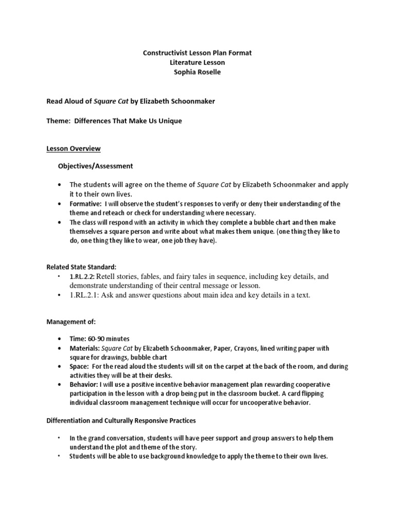 Constructivist Lesson Plan Format Literature Lesson Sophia Roselle ...