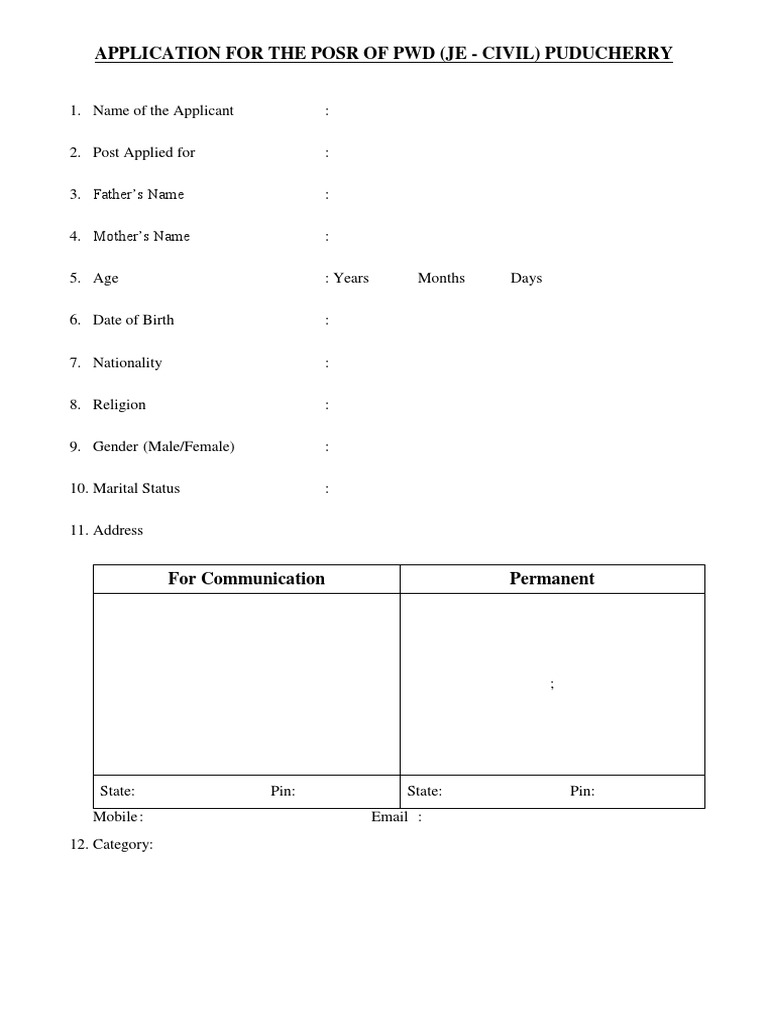 PWD JE Civil Application Form Puducherry | PDF