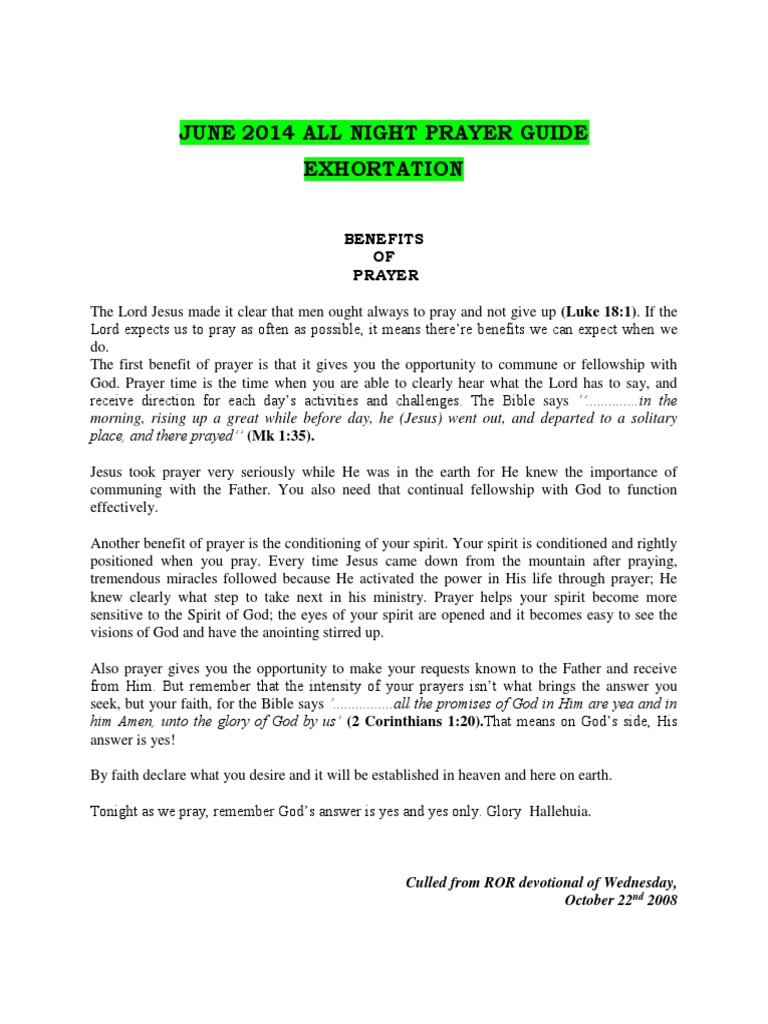 June 2014 All Night Prayer Guide Exhortation | PDF | Prayer | Miracle