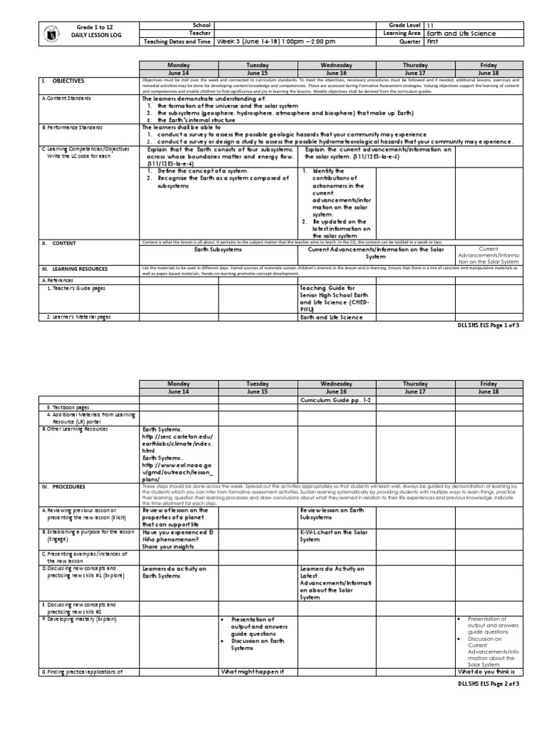 DLL SHS Earth and Life (7E) | PDF | Learning | Teachers