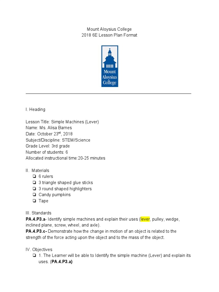 6-E Lesson Plan Simple Machines | PDF | Lever | Machines