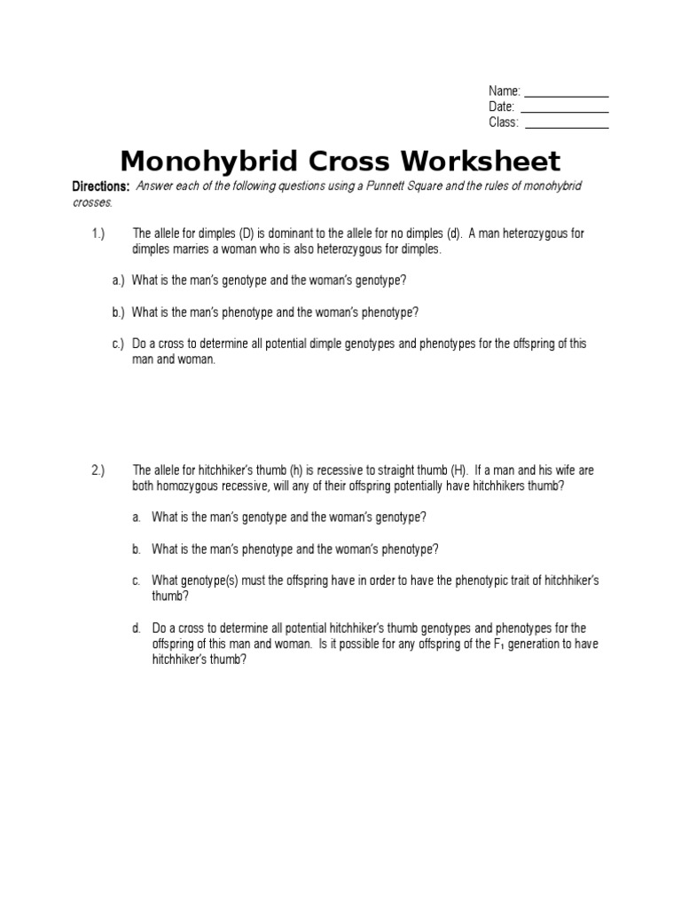 Monohybrid Cross Worksheet Pdf Dominance Genetics Zygosity