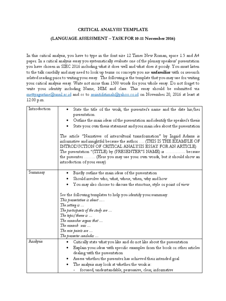 Critical Analysis Template | PDF | Essays | Critical Thinking