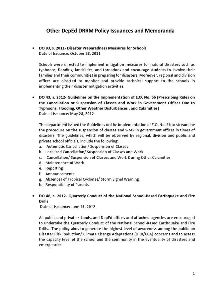 Other Deped DRRM Policy Issuances and Memoranda | PDF | Fire Safety ...