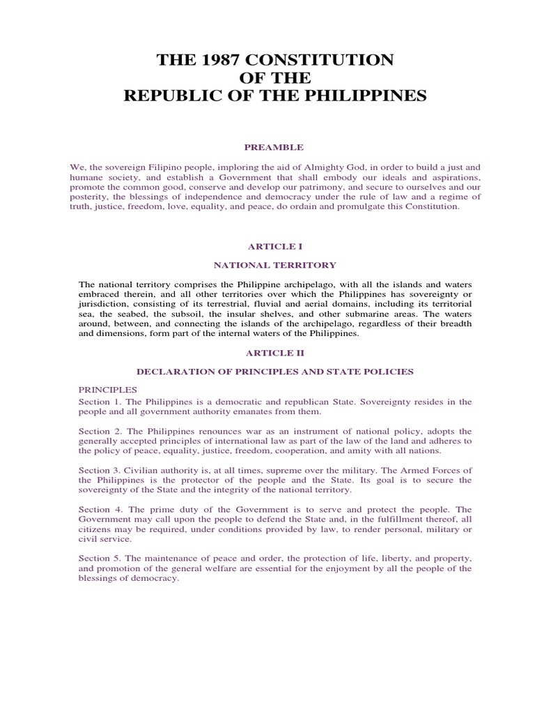 The 1987 Constitution of The Republic of The Philippines: Preamble ...