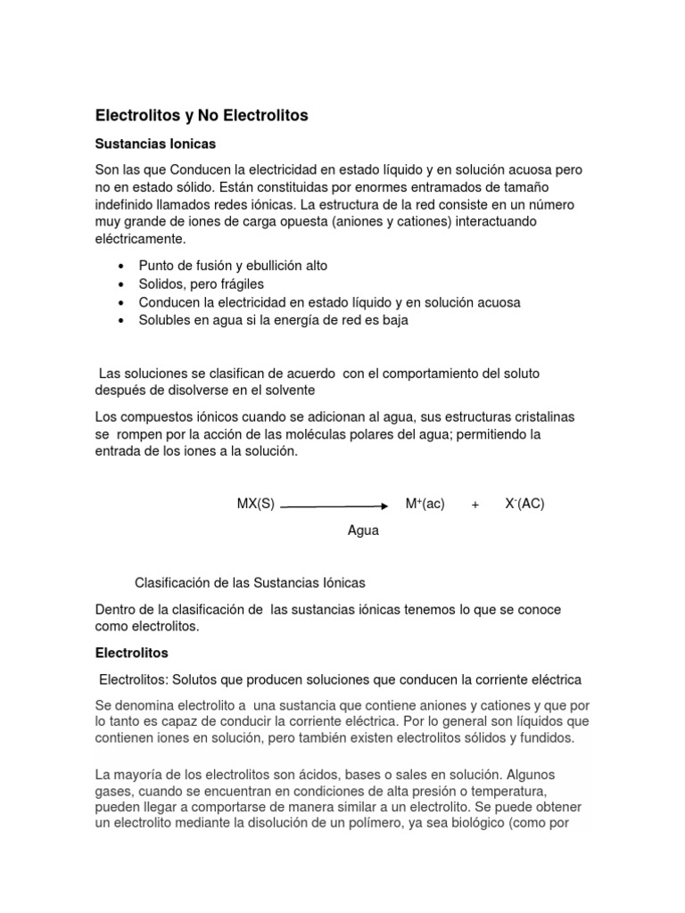 Electrolitos y No Electrolitos: Guía Completa | PDF | Electrólito | Sal ...