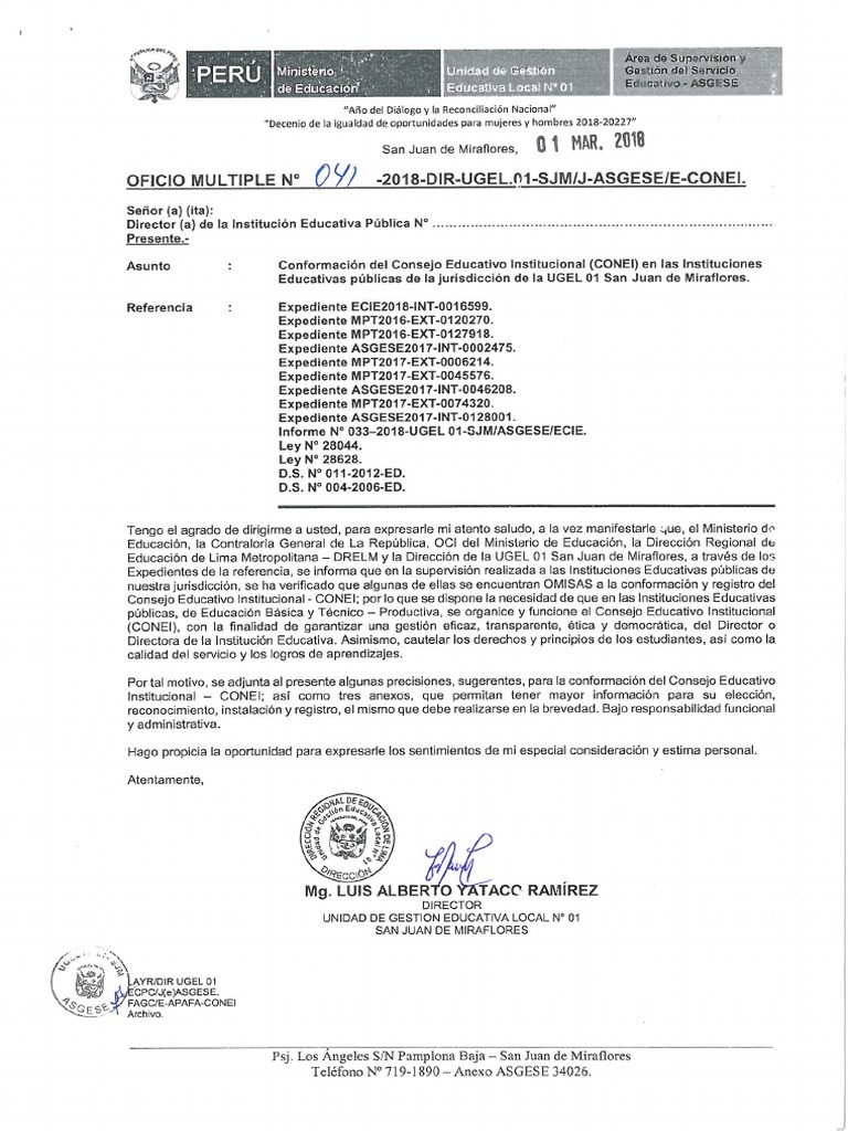 Oficio Multiple #041 2018 DIR UGEL01 SJM JASGESE E CONEI 05 03 18 | PDF