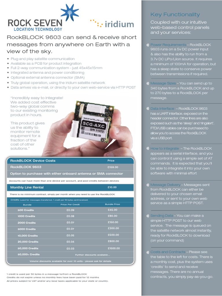 RockBLOCK 9603 Product Information Sheet | PDF | Communications ...