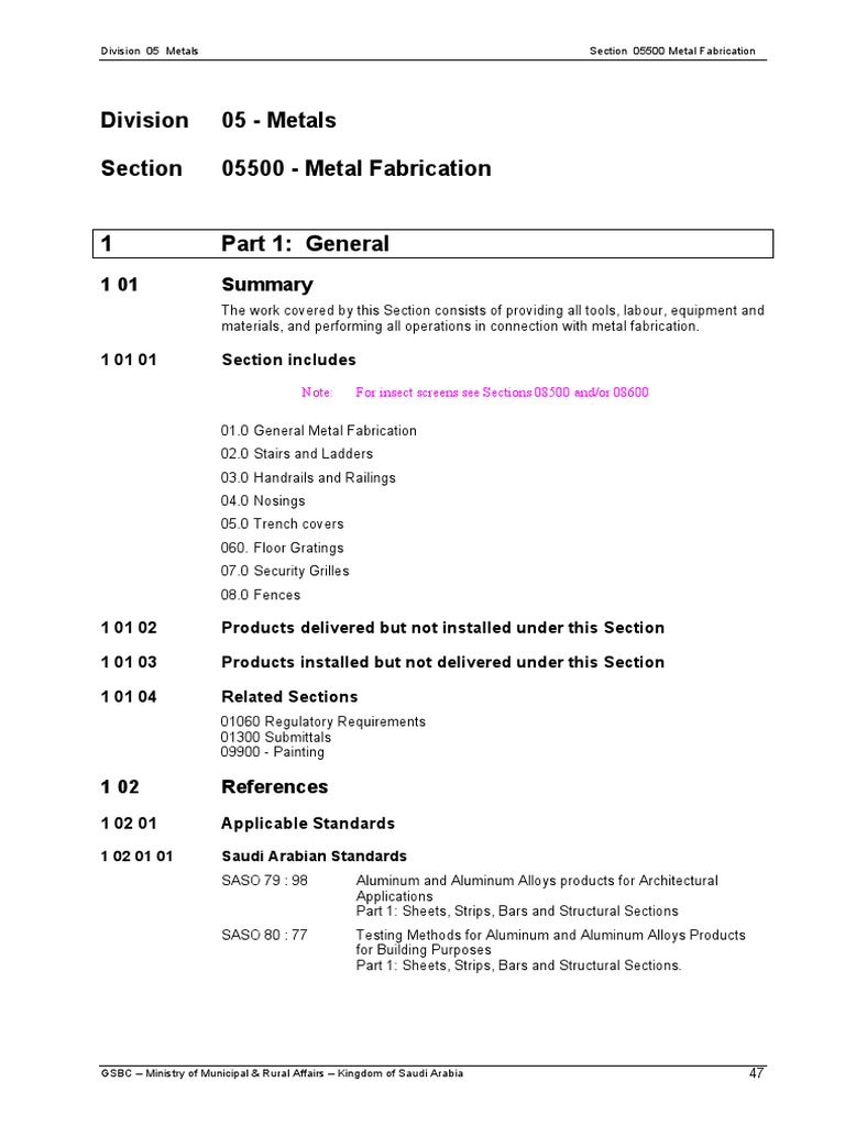 Division 05 - Metals Section 05500 - Metal Fabrication | PDF ...