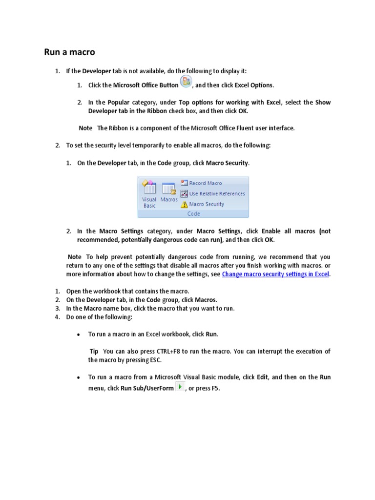 Run A Macro: Change Macro Security Settings in Excel | PDF | Microsoft ...
