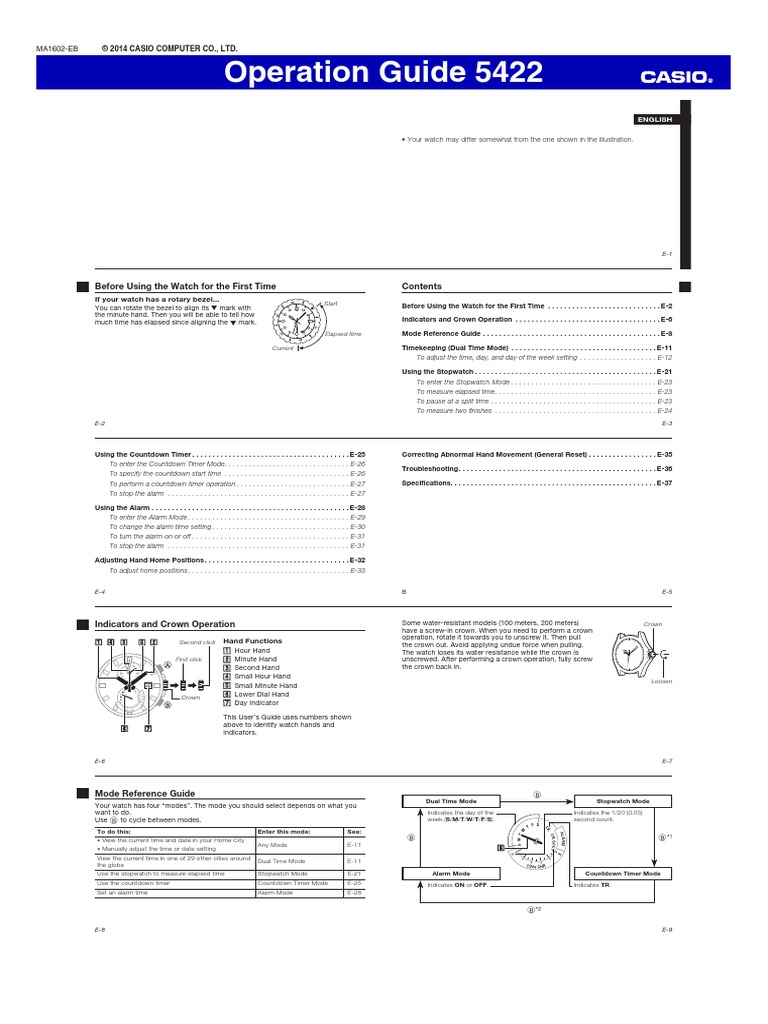 Operation Guide 5422: Before Using The Watch For The First Time | PDF ...