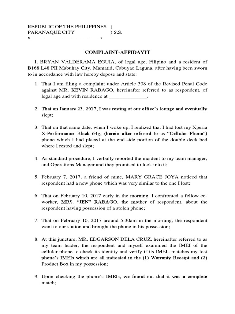 Sample Complaint - Affidavit | PDF | Theft | Criminal Law