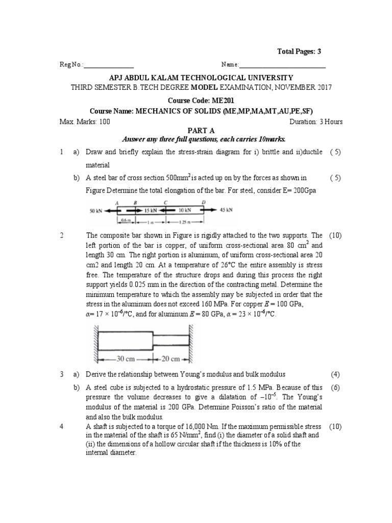 Mechanics of Solids Model Examination - November 2017 | PDF | Bending ...
