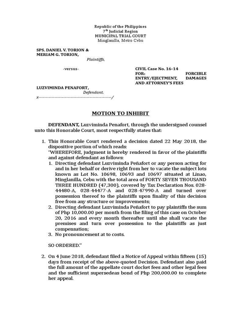 Motion to Inhibit | Lawsuit | Judgment (Law) | Free 30-day Trial | Scribd