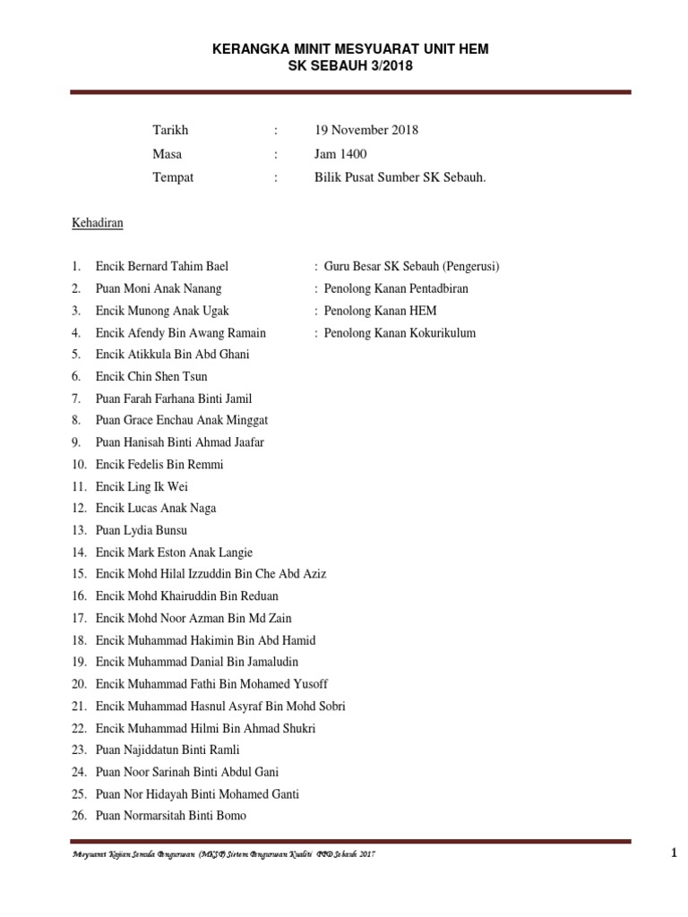 Kerangka Minit Mesyuarat Unit Hem Ke 3 2018 19 Nov | PDF