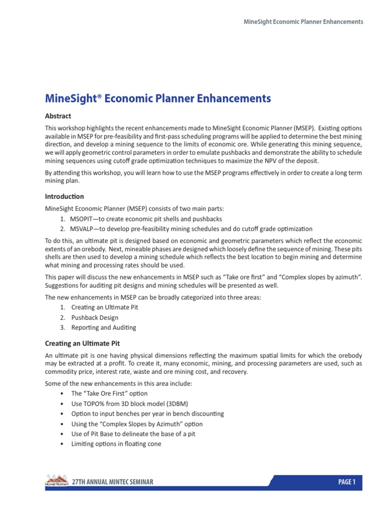 Minesight® Economic Planner Enhancements: 27Th Annual Mintec Seminar | PDF