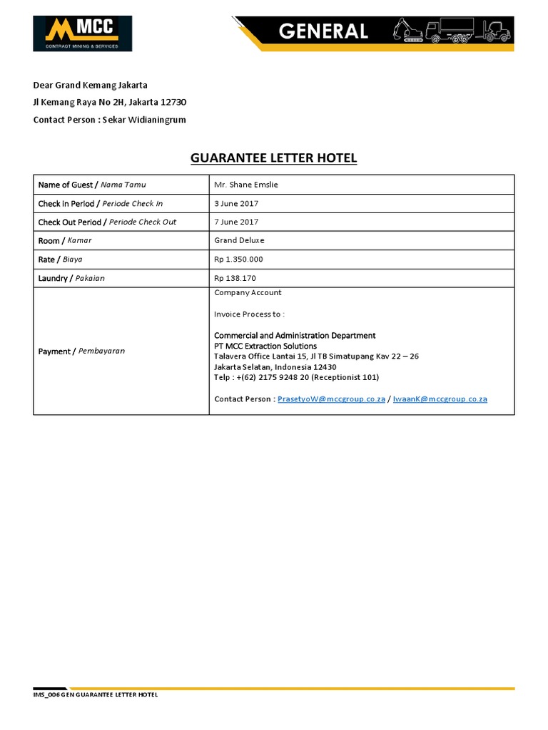 IMS - 006 GEN Guarantee Letter Hotel