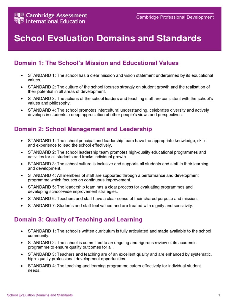 School Evaluation Domains and Standards: Domain 1: The School’s Mission ...