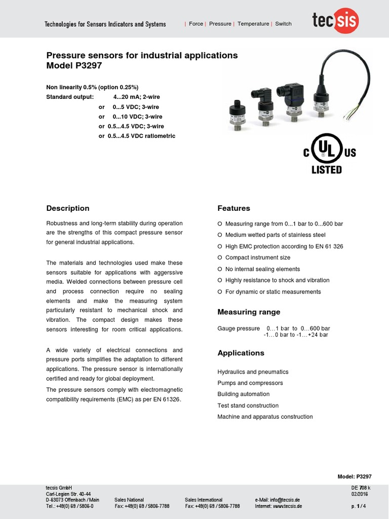 Sensor de Presion TecSis 1bar | PDF | Electrical Connector | Sensor