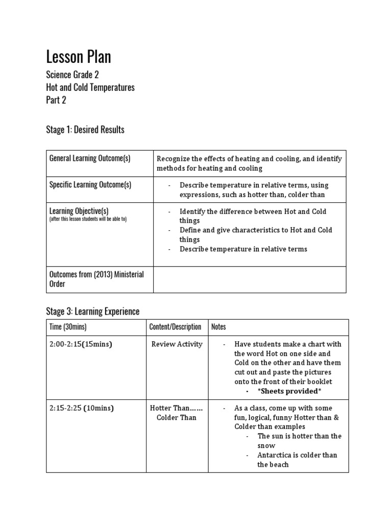 Lesson Plan: Science Grade 2 Hot and Cold Temperatures Stage 1: Desired Results | PDF ...