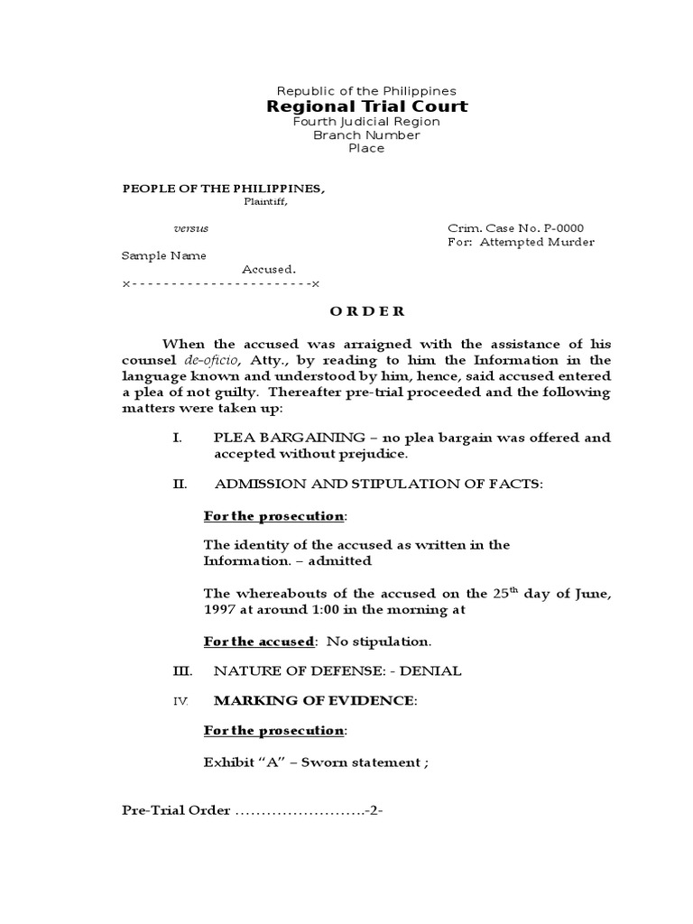 ORDER in The Court Sample | PDF | Plea | Prosecutor
