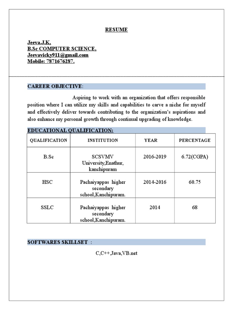 Resume Jeeva.J.K, B.SC Computer Science, Mobile: 7871676287. - Career Objective | PDF